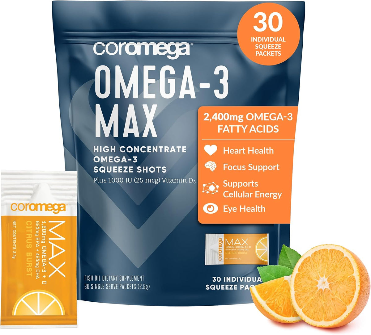 Coromega, Max High Concentrate Omega-3 Fish Oil, Citrus Burst, 30 Sque ...